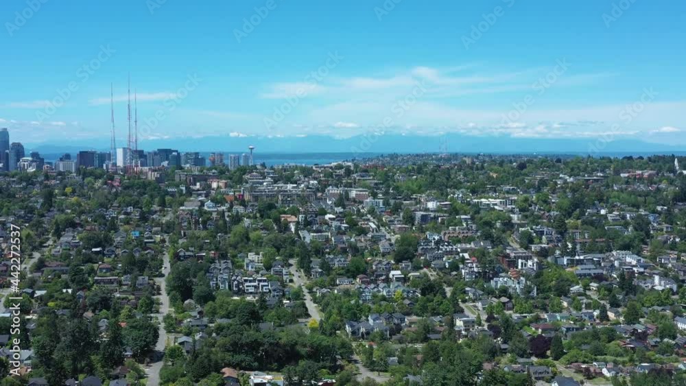 Drone flying in Madrona neighborhood of Seattle with views of Seattle ...