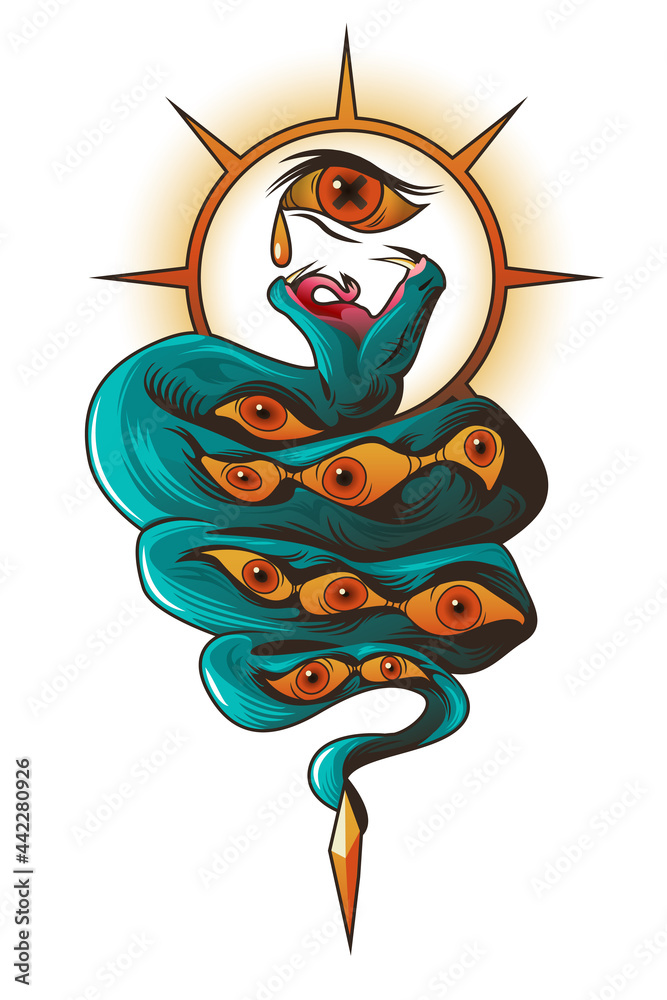 Tattoo with snake and eyes. Dangerous serpent catching tear with open ...