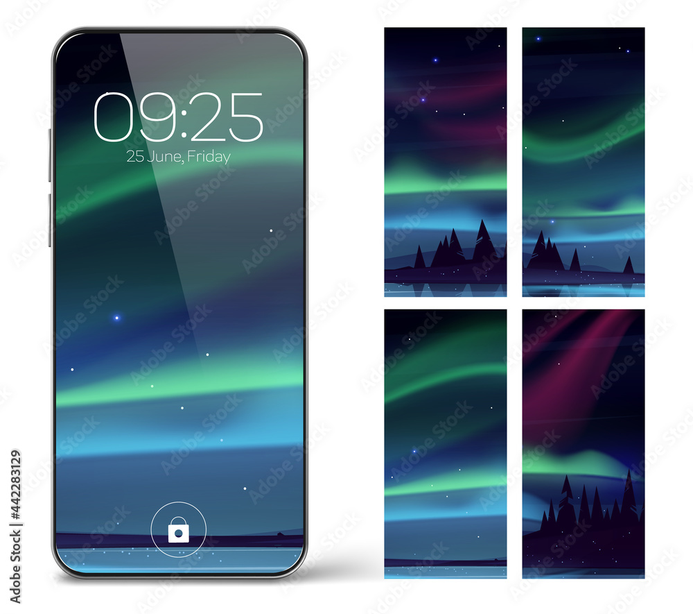 Smartphone lock screen with aurora borealis. Mobile phone onboard page ...