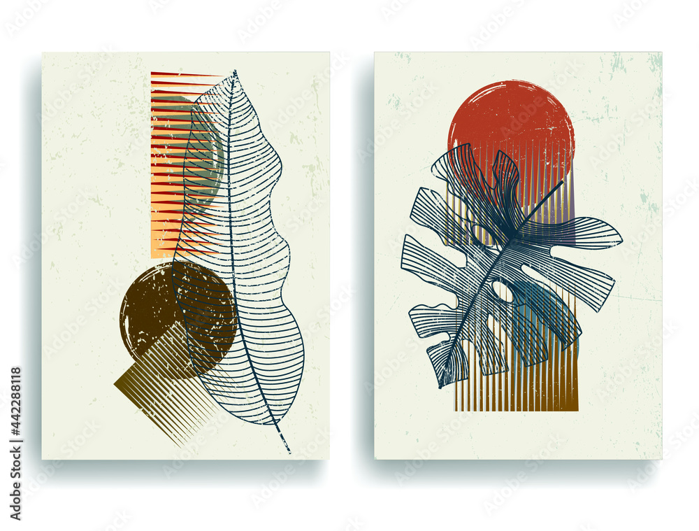 Poster with tropical leaves and geometric shapes in Boho style ...