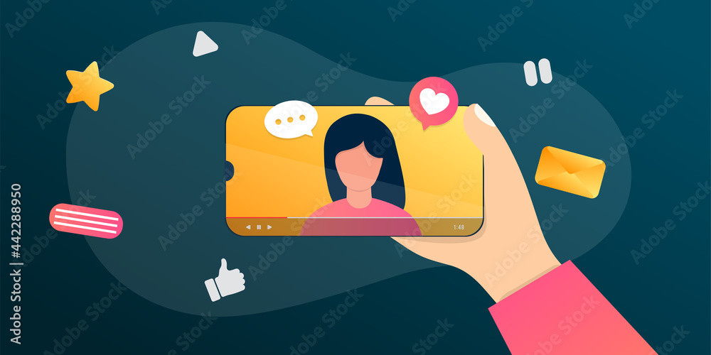 Cartoon internet blogger recording media content. Influencer filming ...
