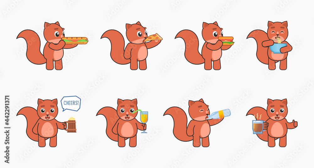 Set of squirrel characters eat fast food and drink various drinks. Cute ...