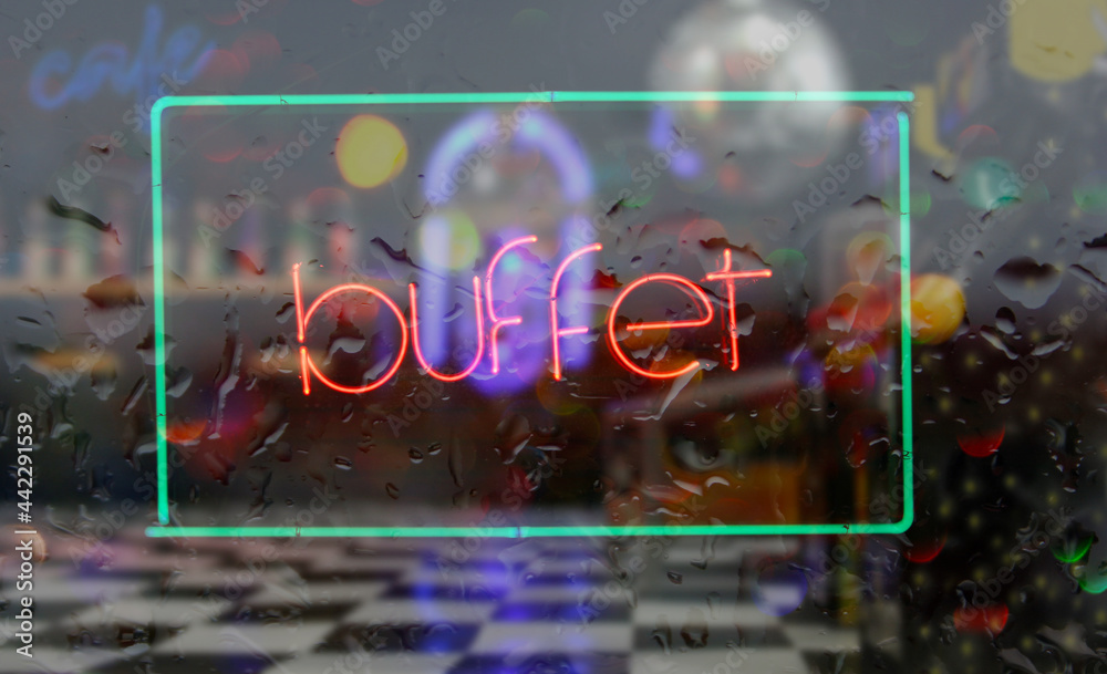 Neon Rainy Window Blur Image, Buffet Neon Sign on Retro Cafe Stock ...