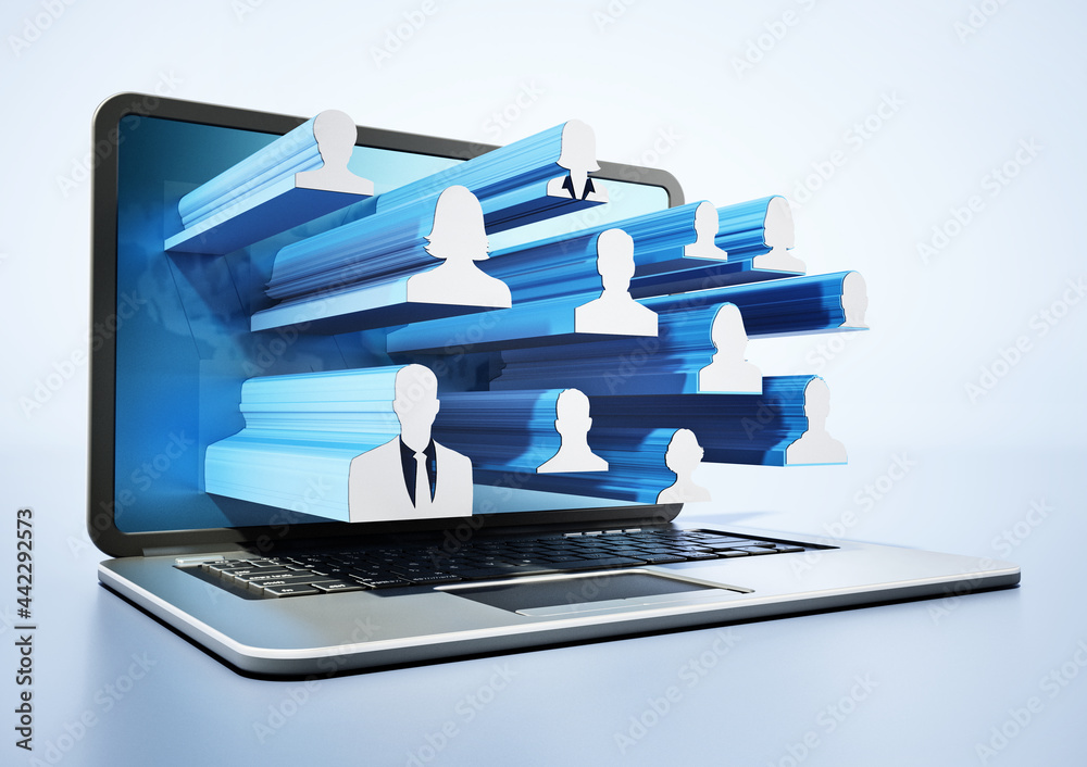 People silhouettes inside connected box shapes in laptop screen with ...