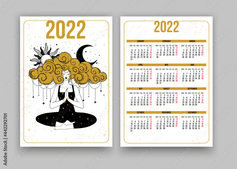 Tarot calendar for 2022, yoga girl meditating with sun and moon ...