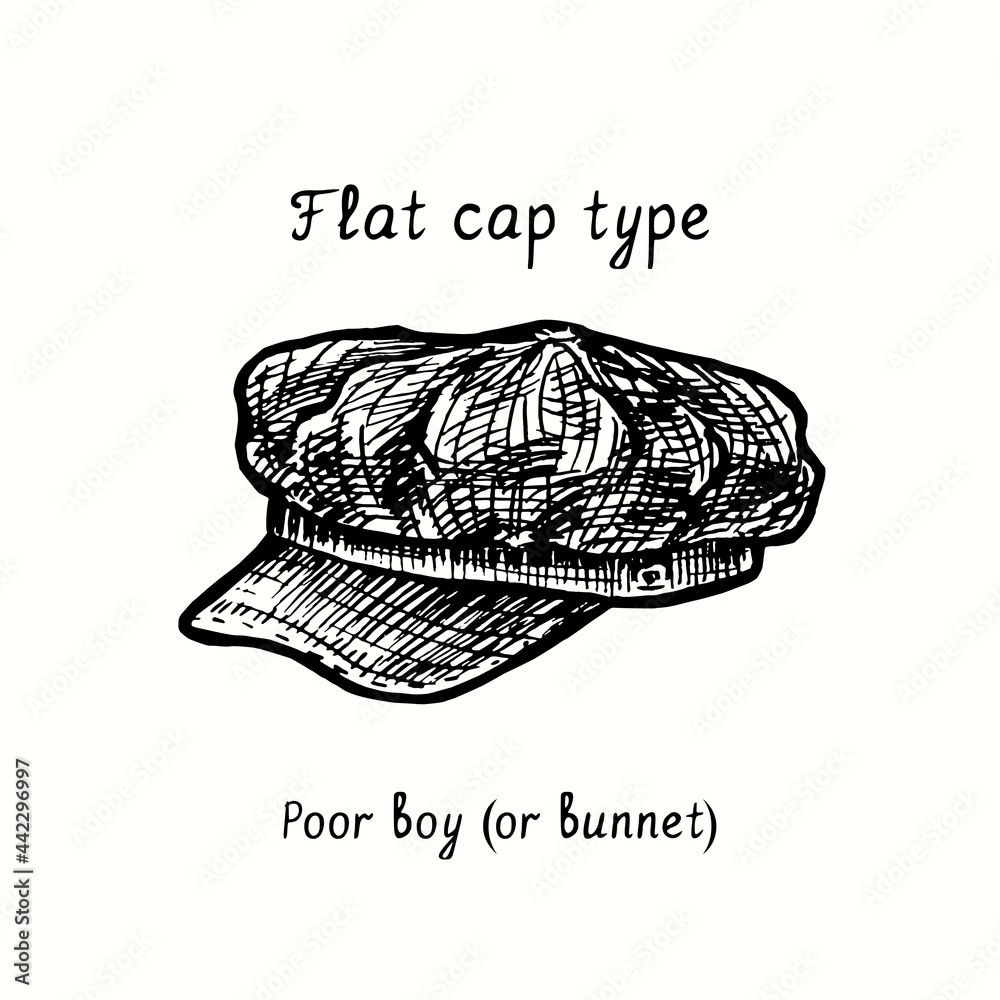 Flat cap type, poor boy. Ink black and white drawing outline ...