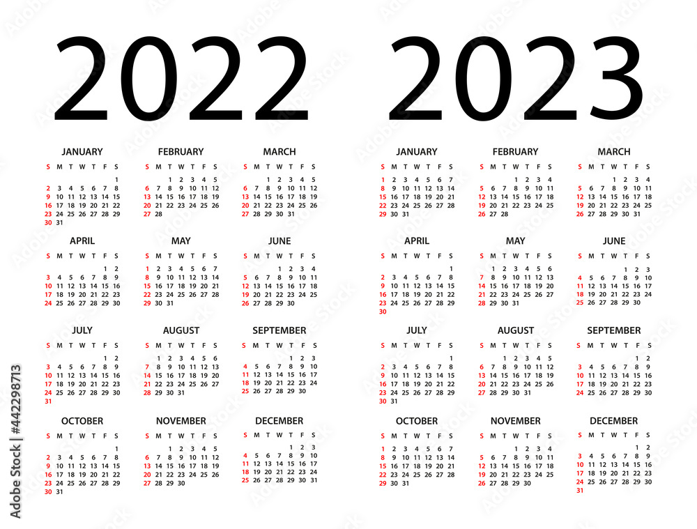 Calendar 2022, 2023 - illustration. Week starts on Sunday. Calendar Set ...