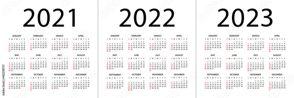 Calendar 2021, 2022, 2023 - illustration. Week starts on Sunday ...