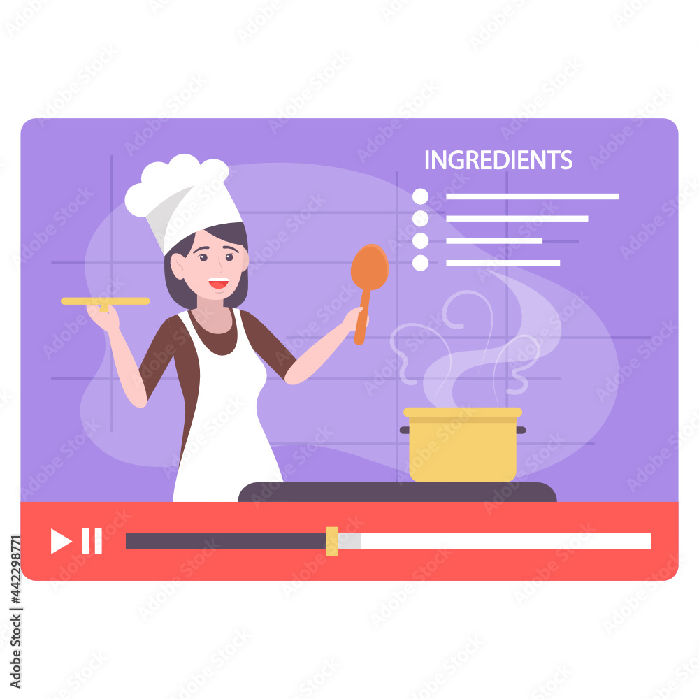 Food Cooking vlog recording Concept, Female Chef Giving Webinar Vector ...