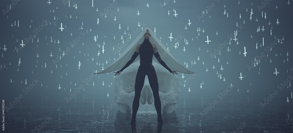Demon Nun Spirit Standing in Water with a Veil and Floating White ...