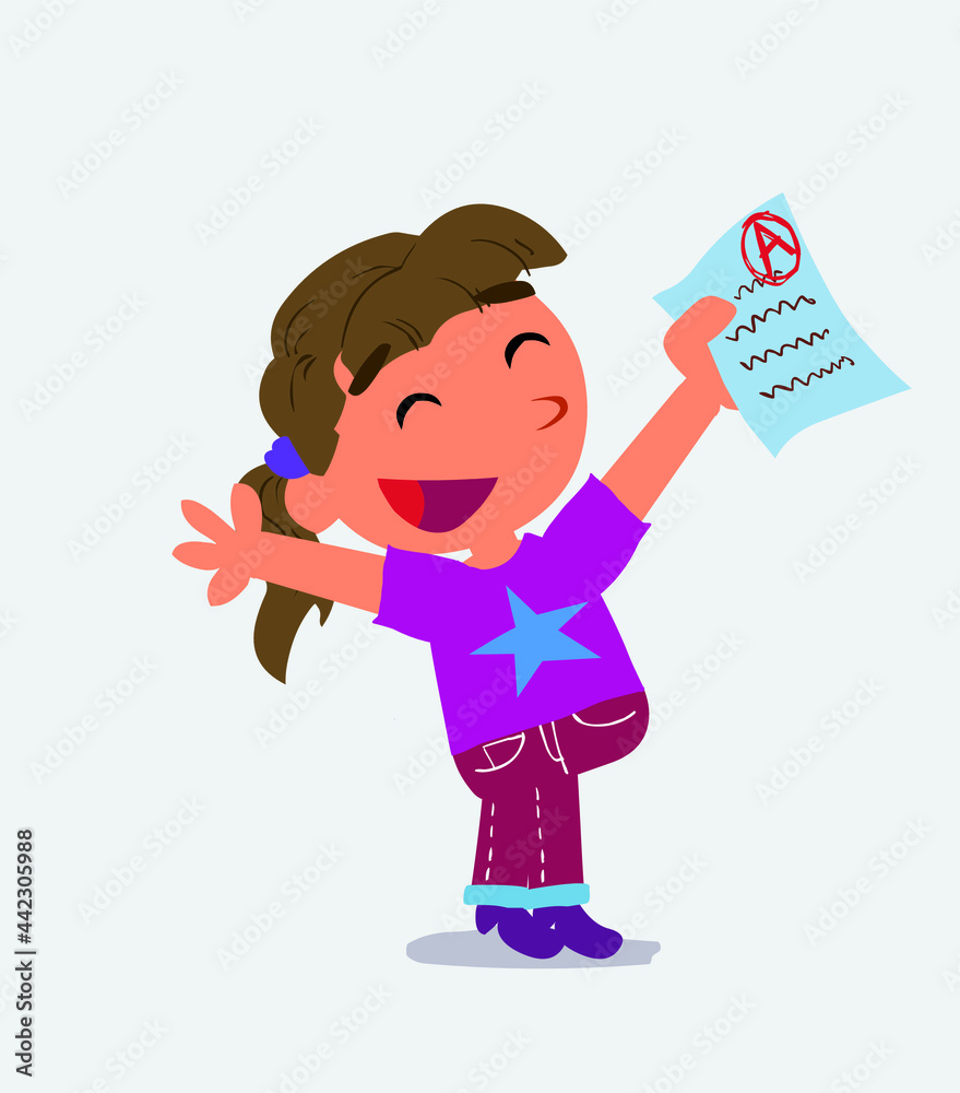 very happy cartoon character of little girl on jeans with a exam in ...