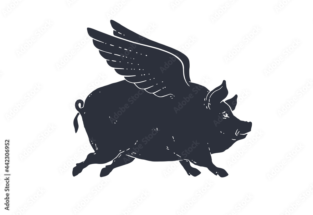 Angel piggy, pig with wings. Vintage retro print, black white fly pig ...