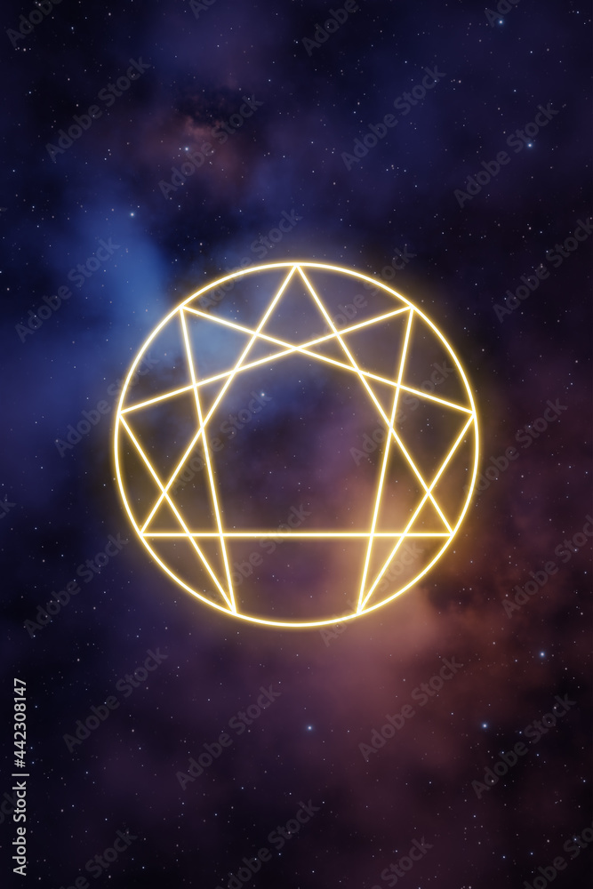 Enneagram symbol in yellow color on a background of the universe with ...