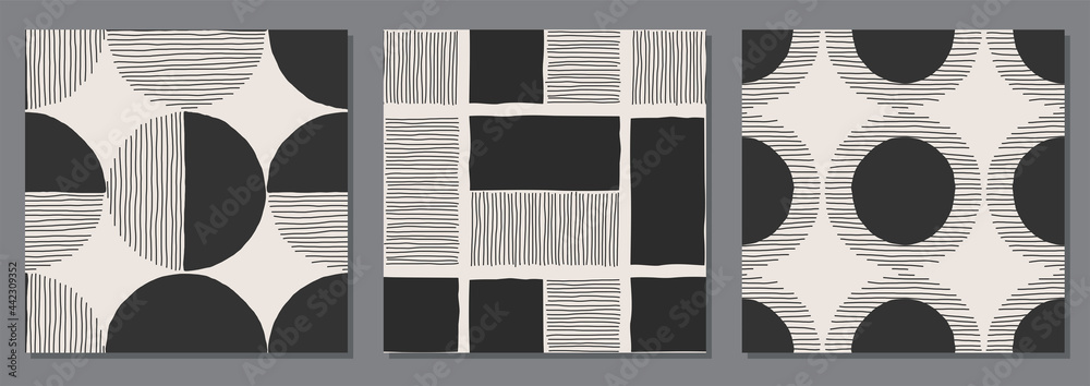Set of trendy minimalist seamless pattern with abstract hand drawn ...