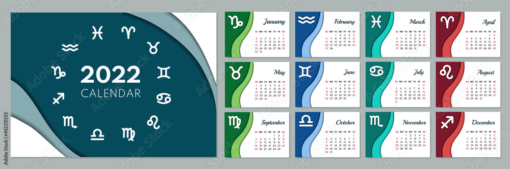 2022 calendar template. Calendar concept design with zodiac signs. Week ...