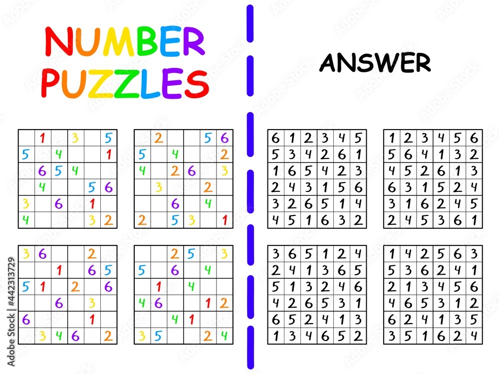 Number puzzles for kids six by six set vector illustration. Colorful ...