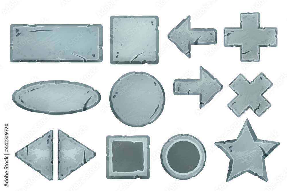 Vector cartoon stone sign board set, UI rock button collection isolated on white, rectangle ...