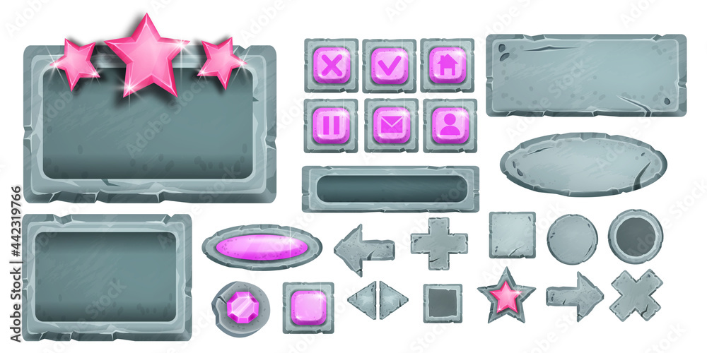 Stone vector game button set, user interface cartoon icon, cracked rock ...