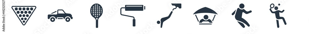 free time filled icons. glyph vector icons such as badminton, jumping, hang glider, bungee ...
