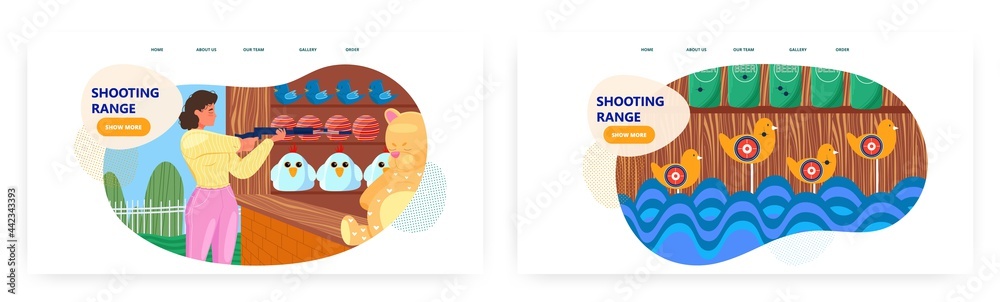Shooting range landing page design, website banner vector template set ...