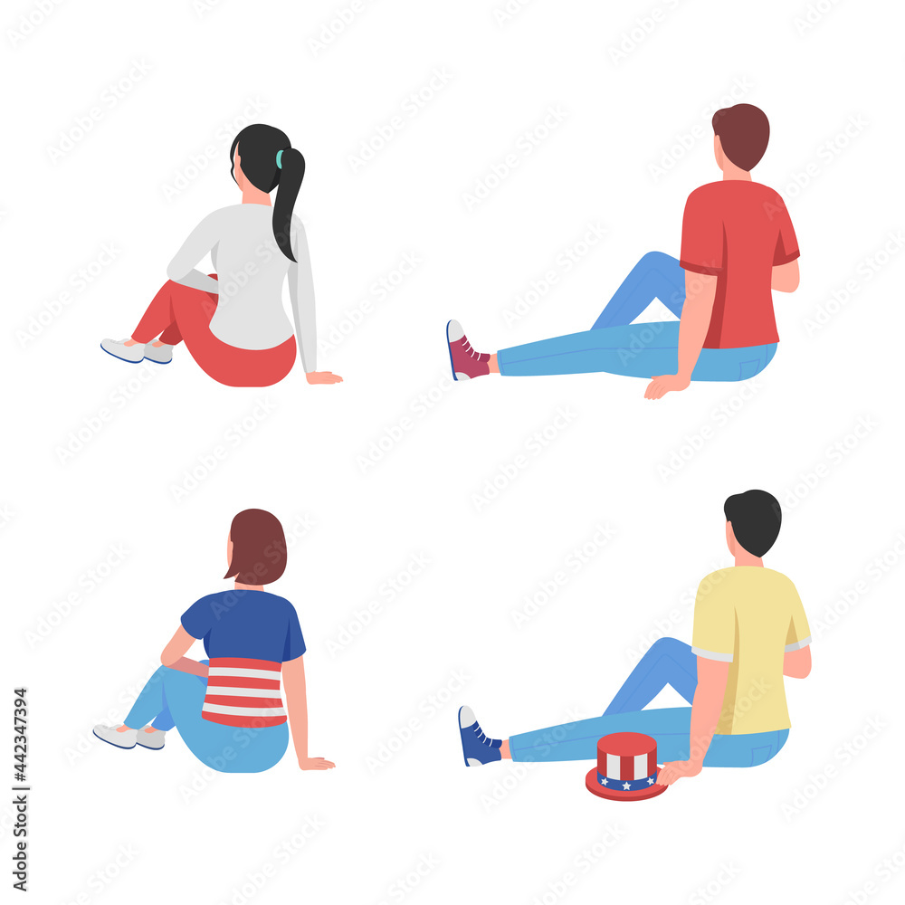 Sitting people on picnic semi flat color vector characters set. Relaxed ...