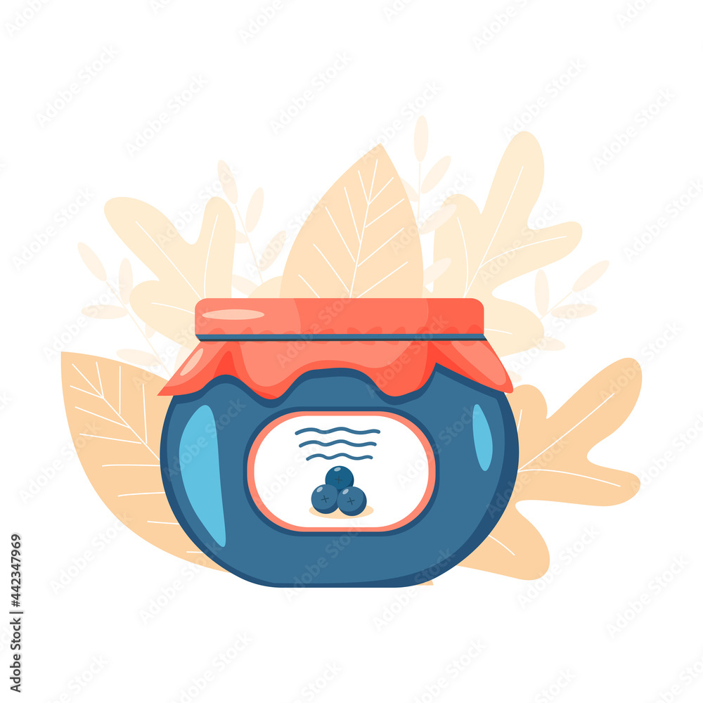 Blueberry jam in a glass, round jar. Vector illustration in flat ...