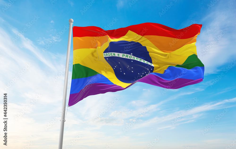 Brazil lgbt pride flag waving in the wind at cloudy sky. Freedom and ...