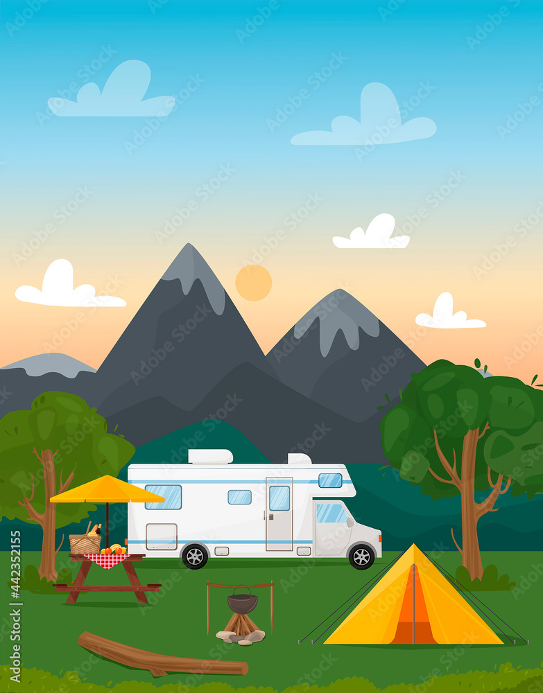 Summer camp . Caravan caravan caravan campfire with tent, log, boiler ...