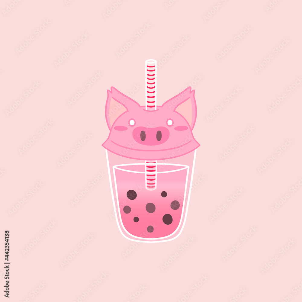 pig kawaii bubble tea isolated on white background. Milk tea with ...