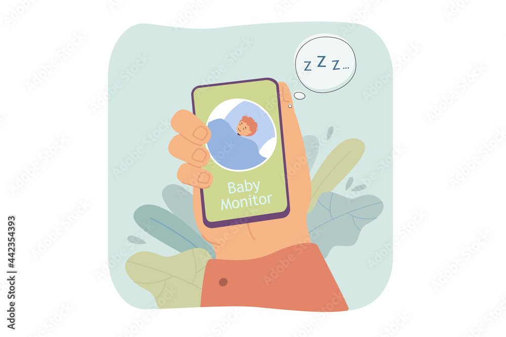 Hand holding baby monitor flat vector illustration. Image of baby ...