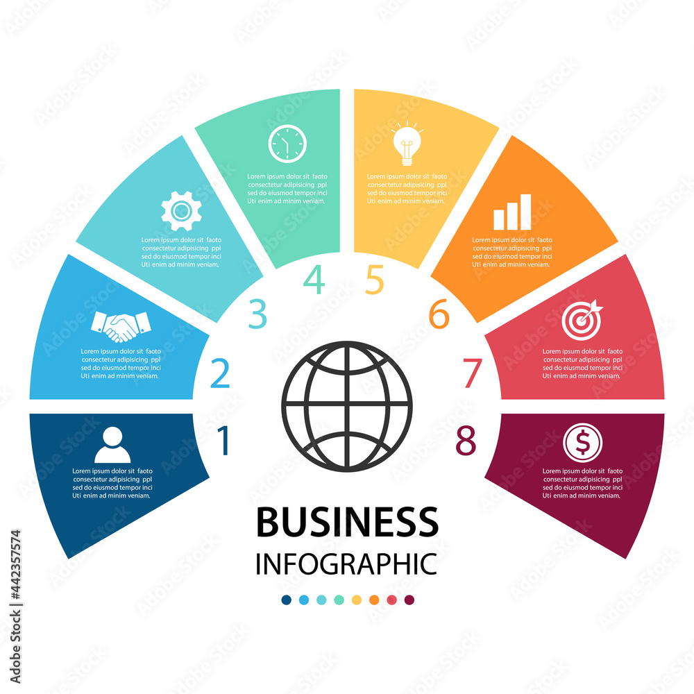 circle business infographic with eight elements around center. business ...