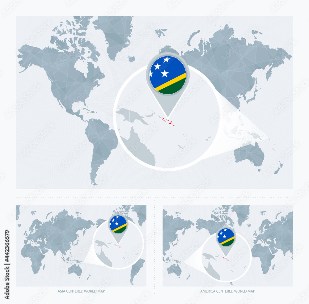 Magnified Solomon Islands over Map of the World, 3 versions of the ...