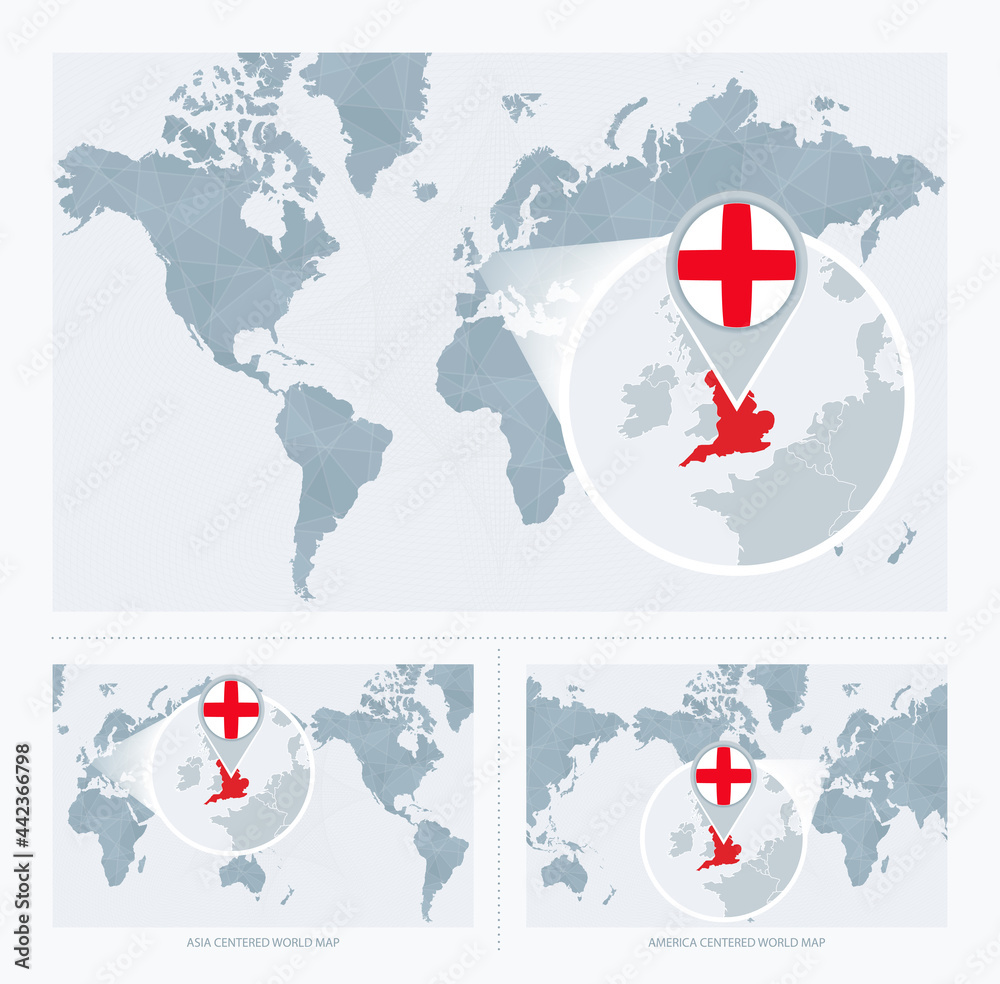 Magnified England over Map of the World, 3 versions of the World Map ...