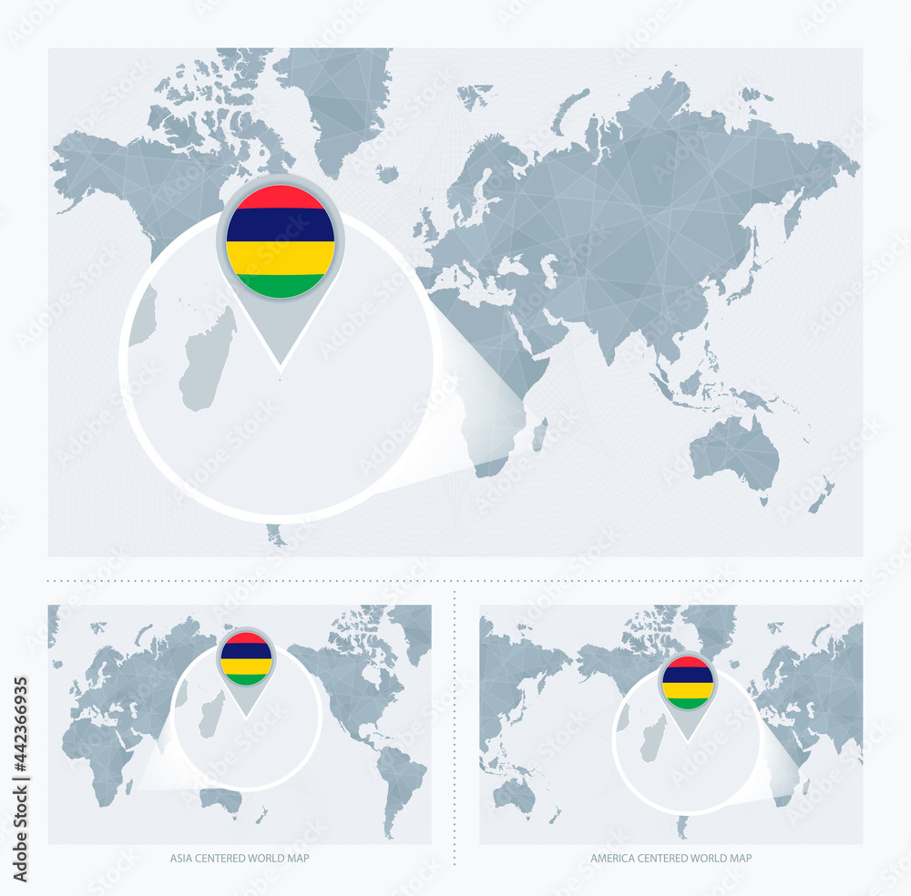 Magnified Mauritius over Map of the World, 3 versions of the World Map ...