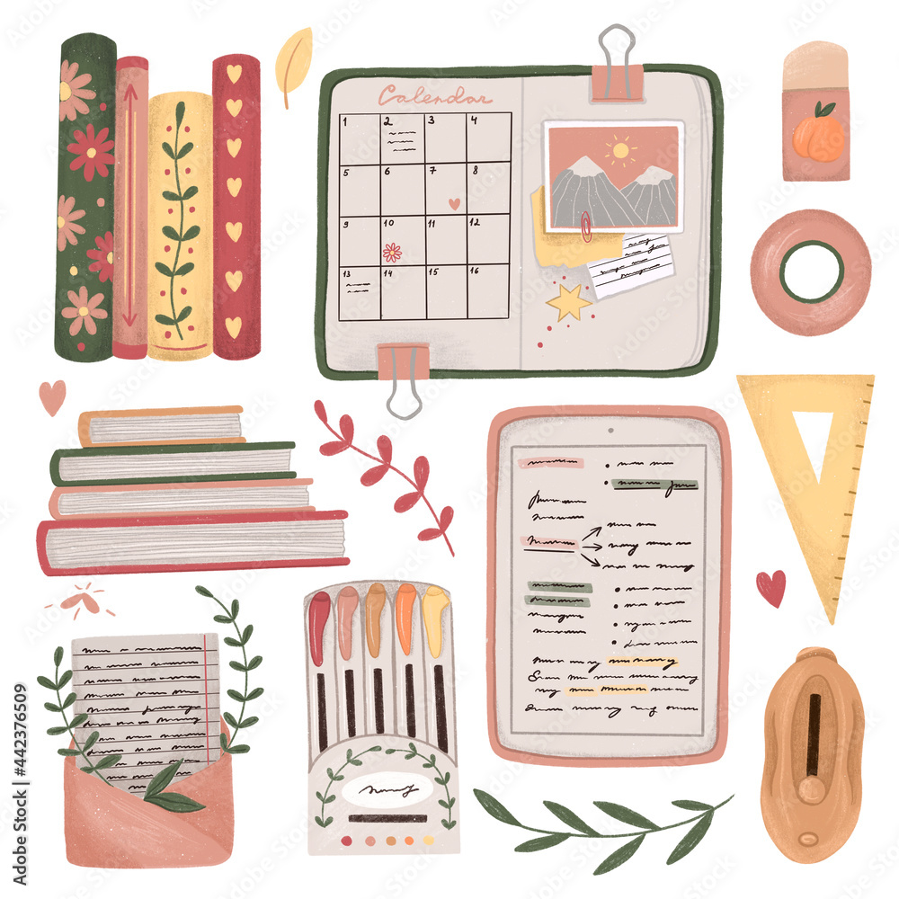 Study collection. Stack of books, diary, planner, tablet, notes, letter ...