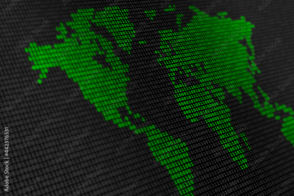 Green world map of binary code. Worldwide big data concept on dark ...