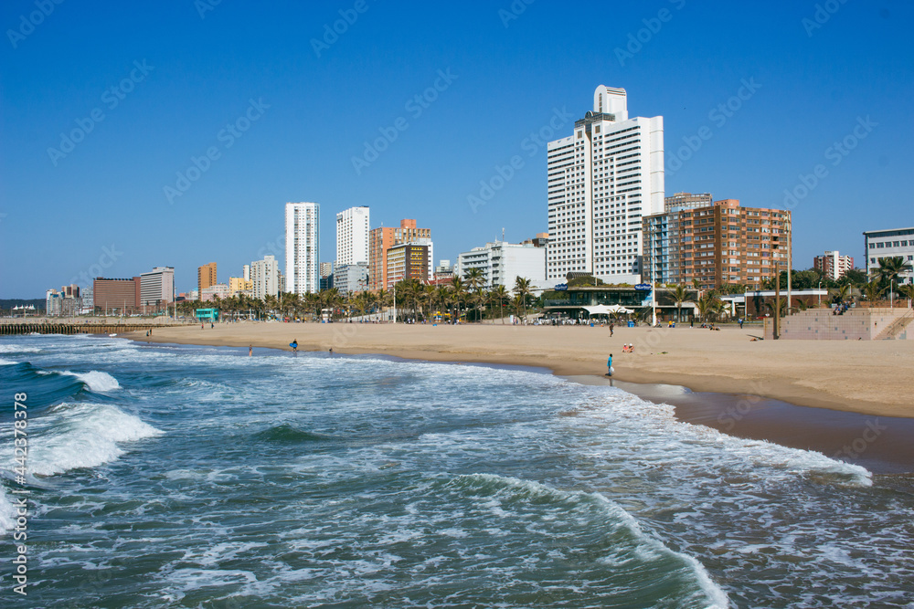 Ocean, coast and city skyline of Durban, South Africa Stock Photo ...