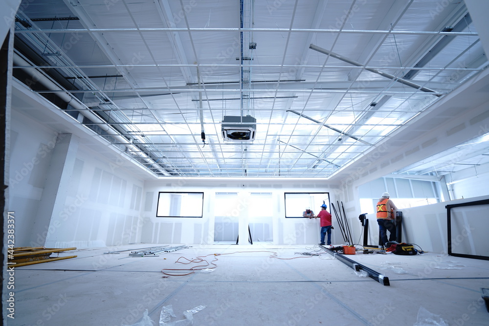 Interior Render from construction, Metal frame of the new building ...