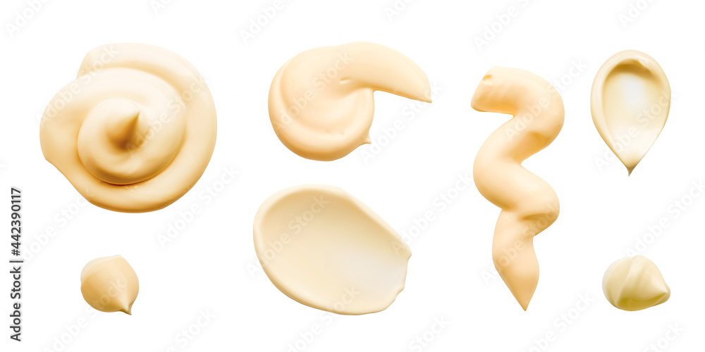Mayonnaise drop and splash sets. White sause isolated stain top view ...