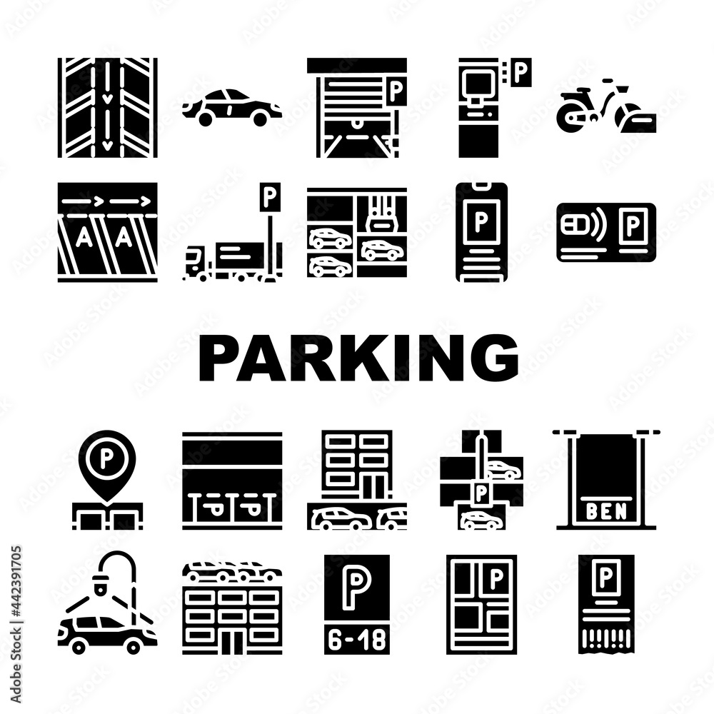 Parking Transport Collection Icons Set Vector. Electronic Parking ...