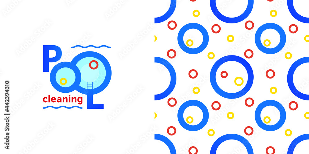 Cheerful logo, pool cleaning and maintenance. Seamless background for ...