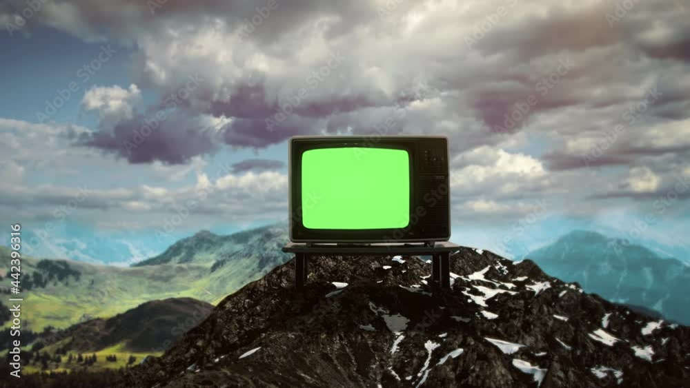Mountain Top Green Screen TV Zoom In Vintage Television. Vintage green ...