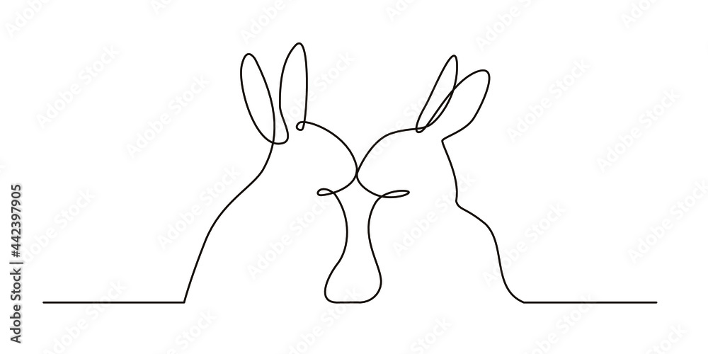 Continuous line art of a romantic rabbits. Two sitting bunnies touching ...