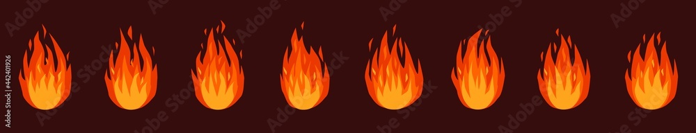 Fire animation. Burning bonfire or campfire, torch fire flames. Red ...