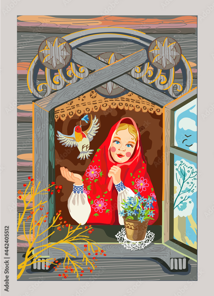 Russian folk art vector. A girl in a headscarf at the windowsill in the ...