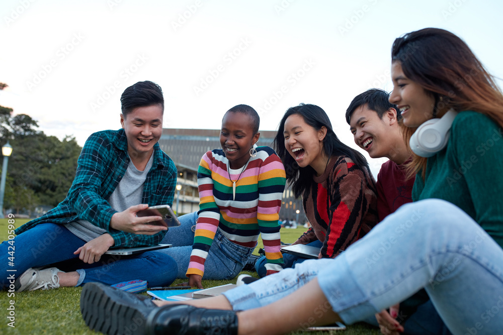 Group of young university students hanging out sitting on grass ...
