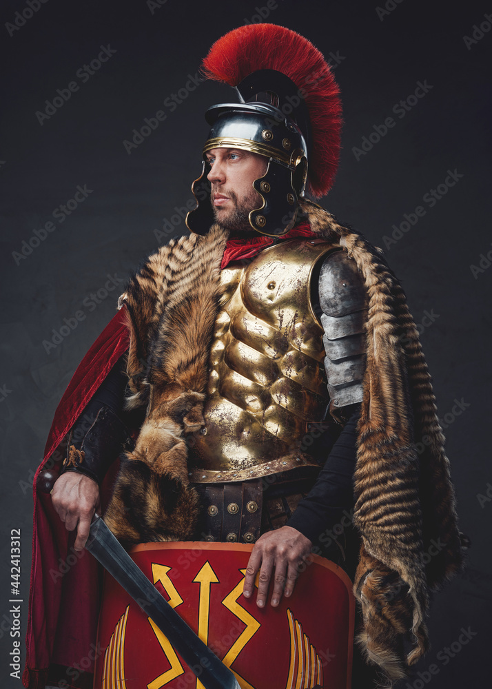 Roman empire soldier posing with sword and shield Stock Photo | Adobe Stock