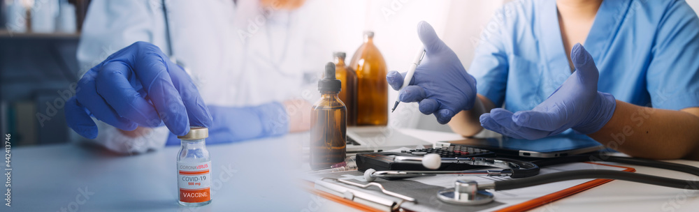 Medicine doctor and vaccine dose flu shot drug syringe in laboratory ...