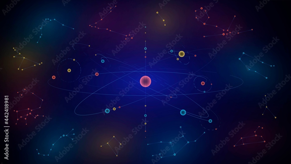 Schematic solar system with multicolored planets and zodiacal ...