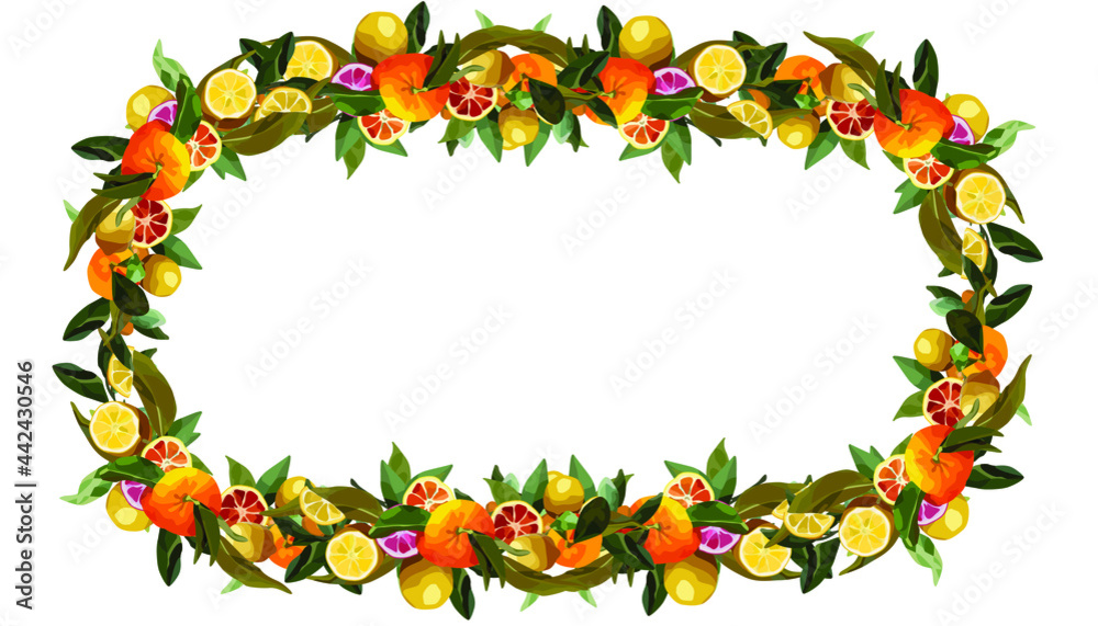 Frame of orange branches. Vector border for lemonade labels, summer ...